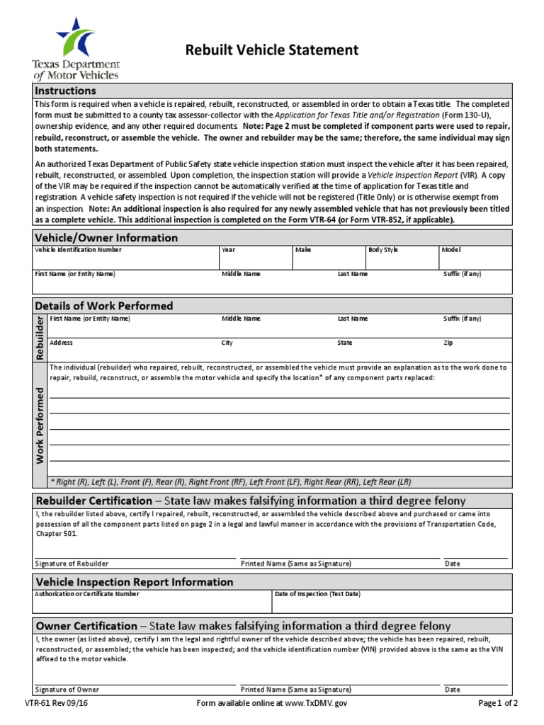 Texas Rebuilt Vehicle Statement Form VTR-61 | PDF | Pickup Truck ...