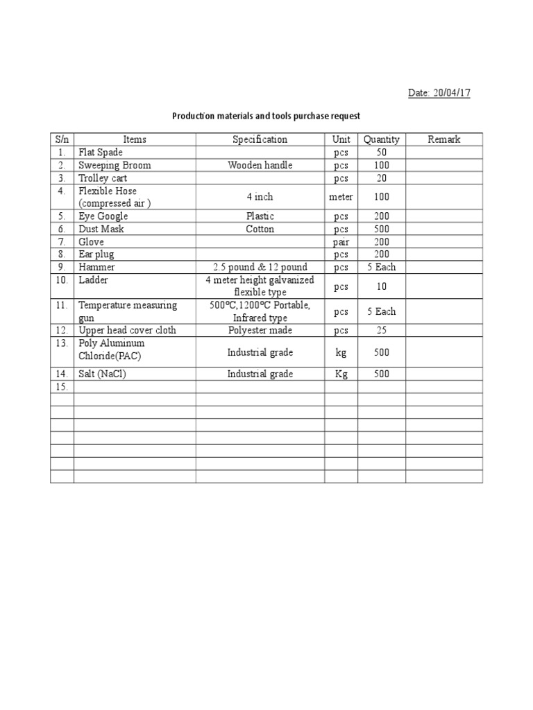 Production Materials Purchase Request | PDF