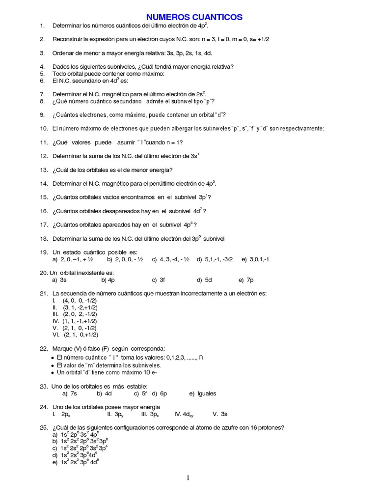 Ejercicio Numeros Cuanticos PDF | PDF | Configuración electronica | Mecánica cuántica