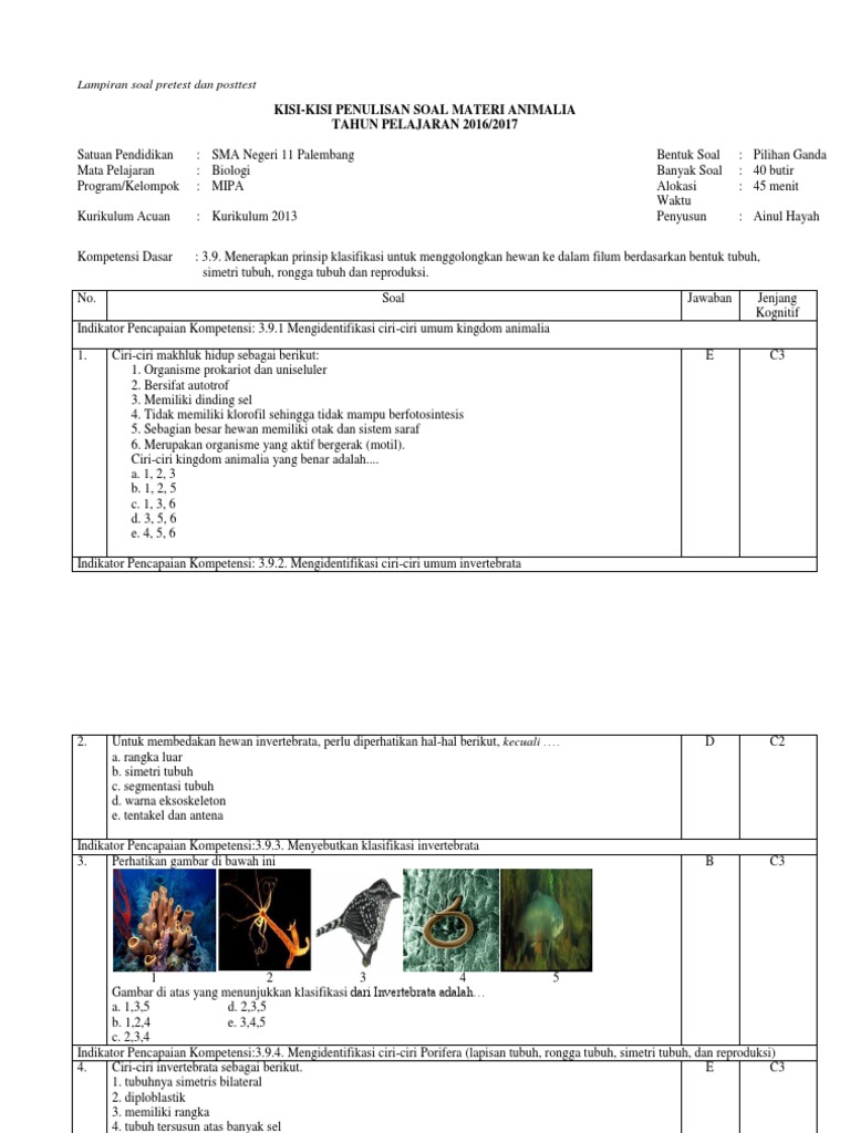 Soal Pretest dan Posttest Biologi Animalia | PDF