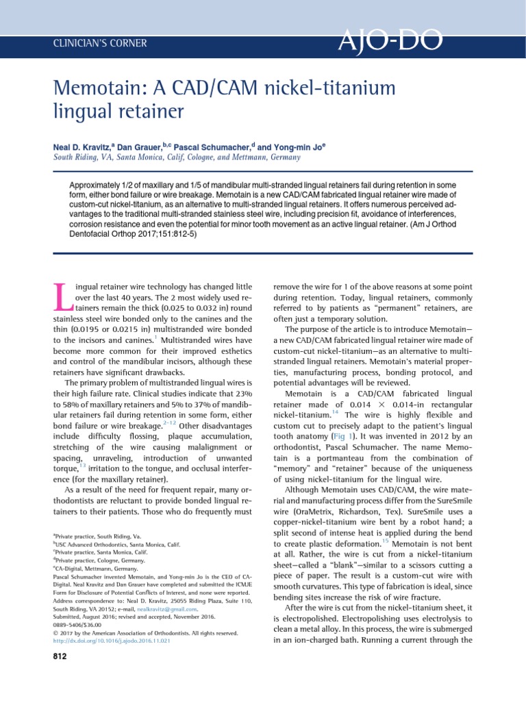 Memotain: A CAD/CAM Nickel-Titanium Lingual Retainer: Clinician'S ...