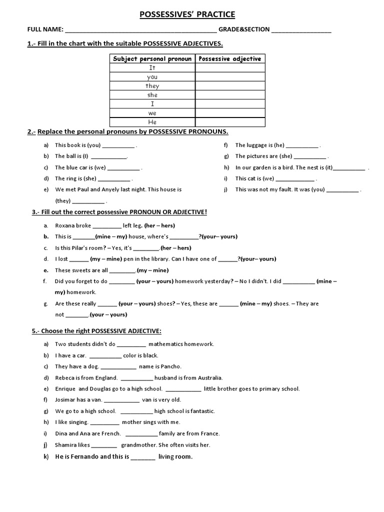 Possessives' Practice: 1.-Fill in The Chart With The Suitable POSSESSIVE ADJECTIVES | Download ...