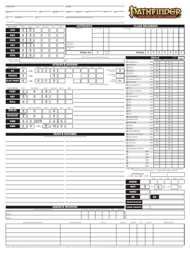 Character Sheet Template - Blank Stat Block for Roleplaying Game ...