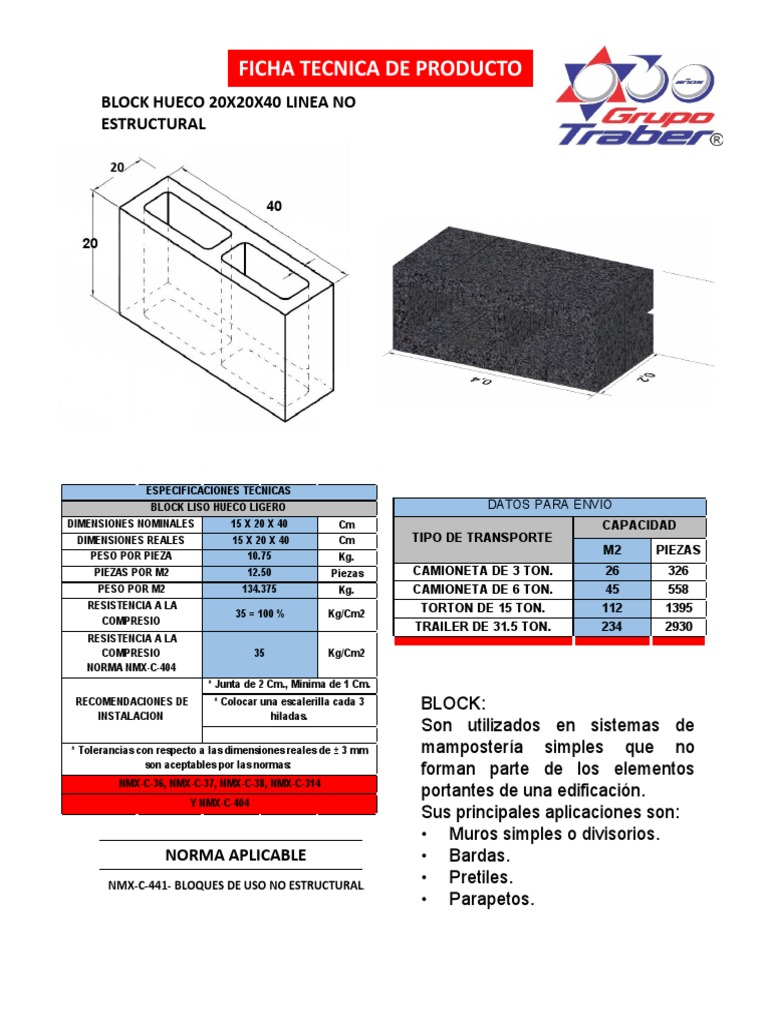 Ficha Tecnica De Producto: Block Hueco 20X20X40 Linea No Estructural