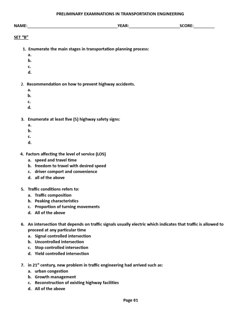 Preliminary Exam in Transportation Engineering | PDF | Lane | Traffic