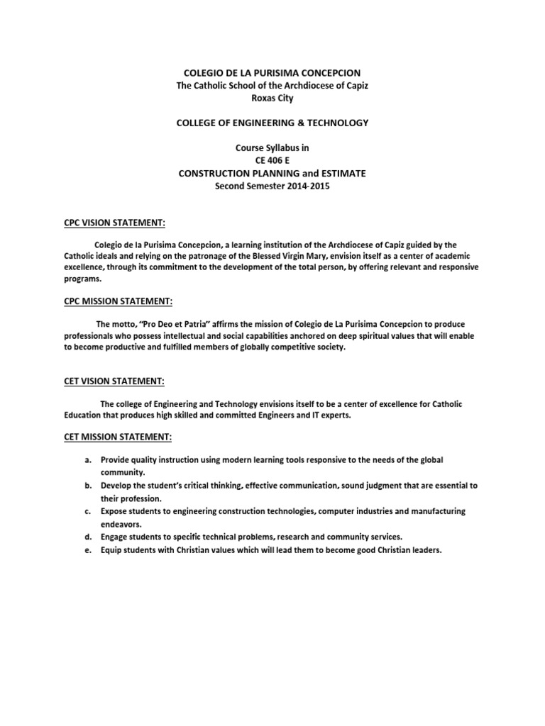 Course Syllabus in Construction, Planning & Estimates | PDF ...