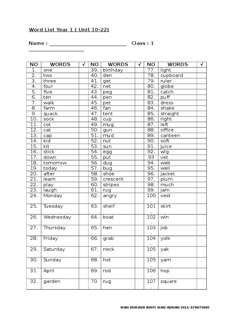 Spelling Year 1 Word List 10 Onwards | PDF | Leisure | Sports