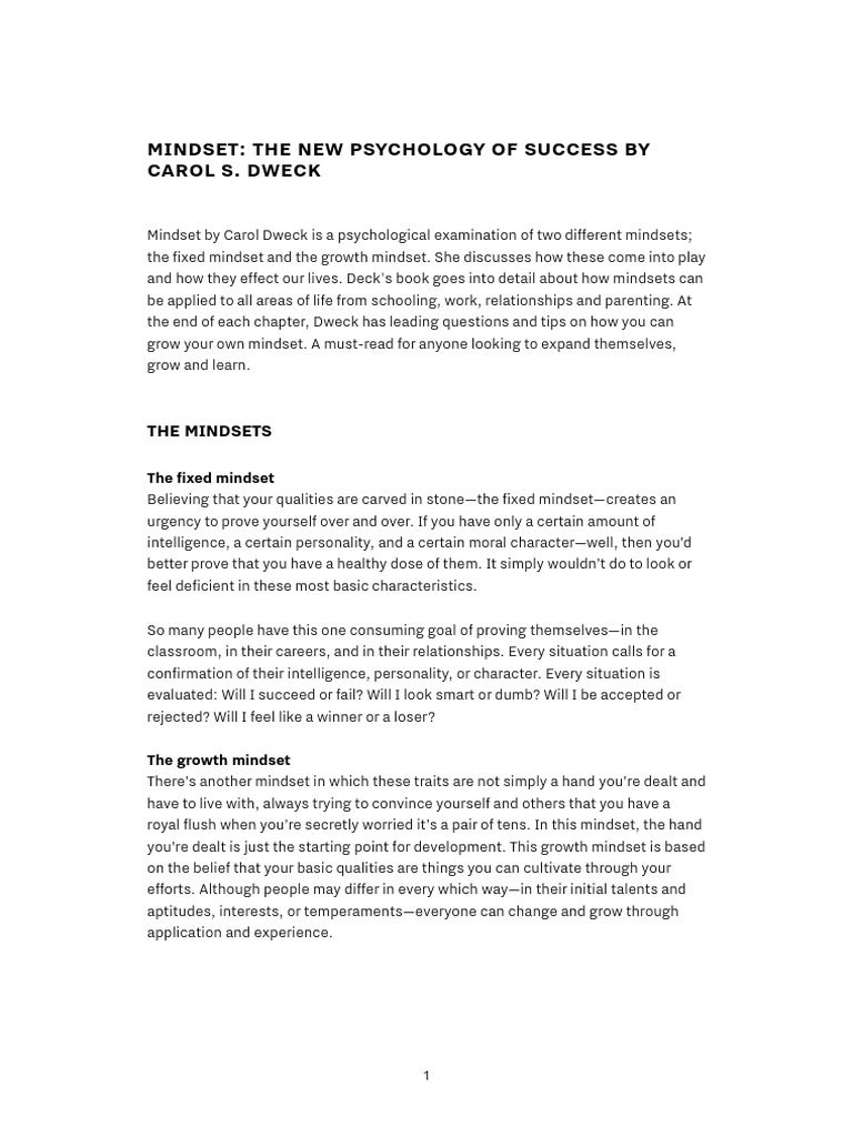Mindset by Carol Dweck Book Summary and PDF | PDF | Mindset | Self Esteem