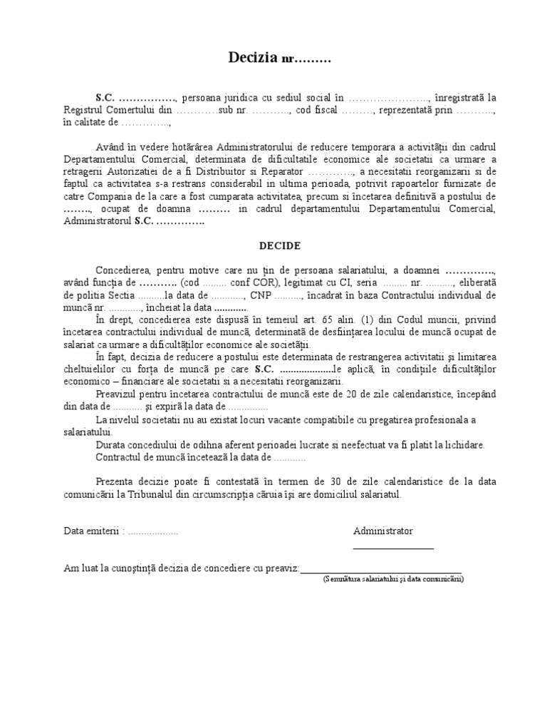 Decizie Concediere Desfiintare Post - Model | PDF