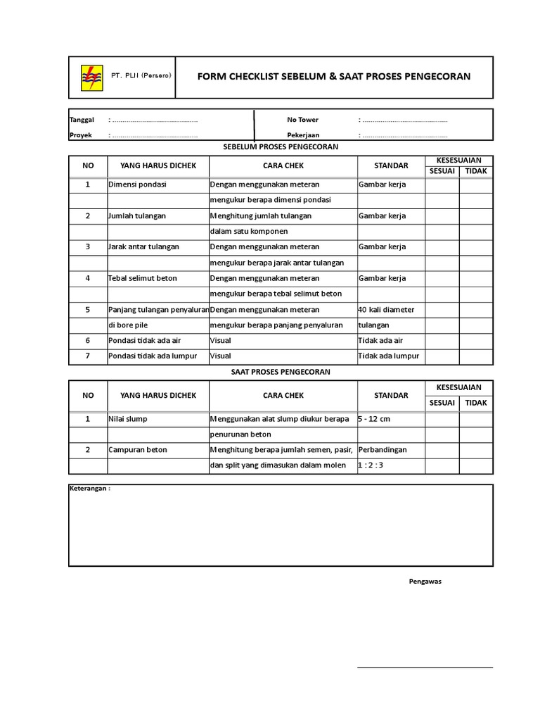Form Checklist Komprehensif untuk Memastikan Kualitas Pekerjaan Pondasi Bore Pile sesuai Standar ...