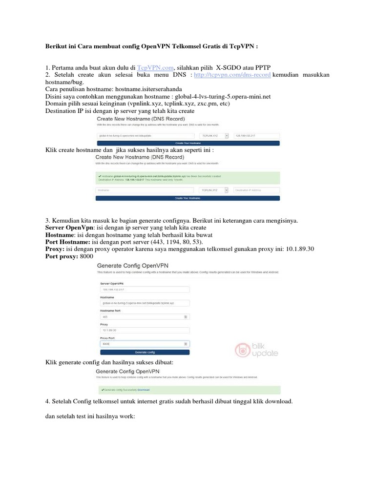 Berikut Ini Cara Membuat Config OpenVPN Telkomsel Gratis Di TCPVPN | PDF