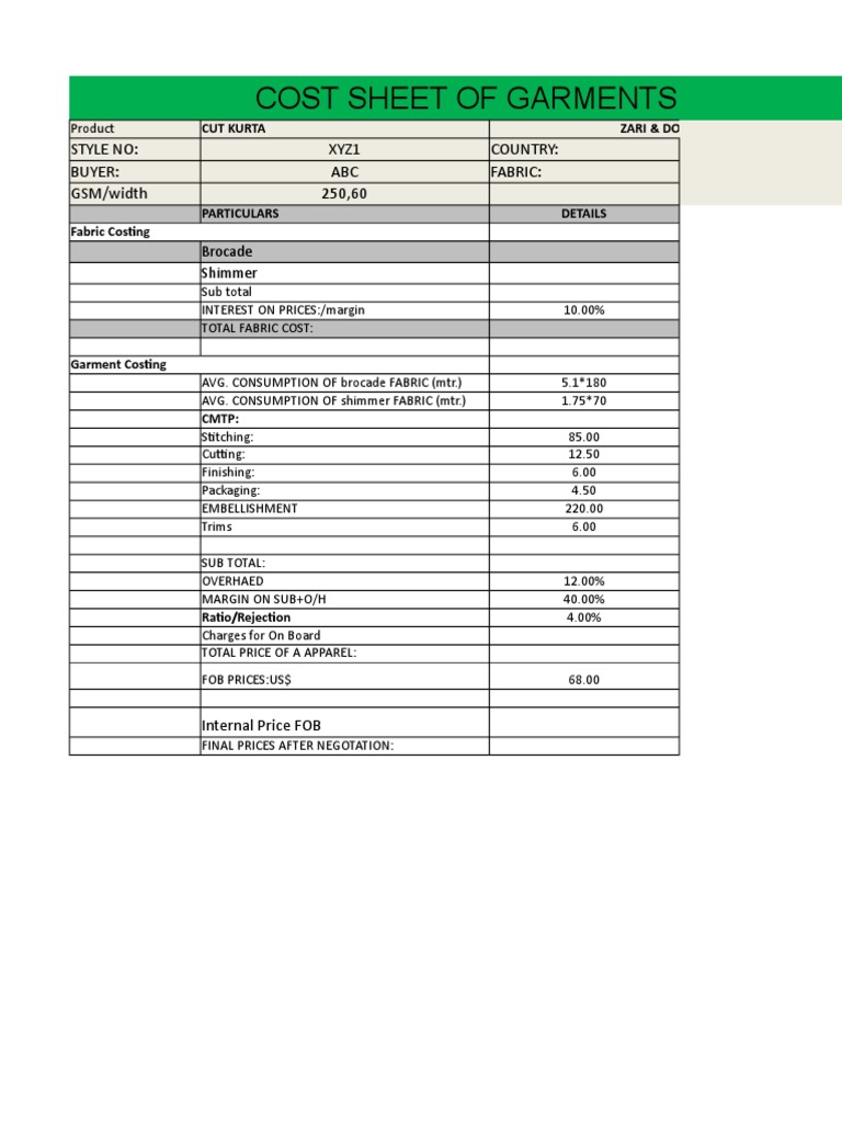 Garments Cost Sheet | PDF | Textiles | Weaving