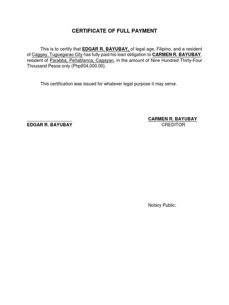 Certificate Of Payment Template