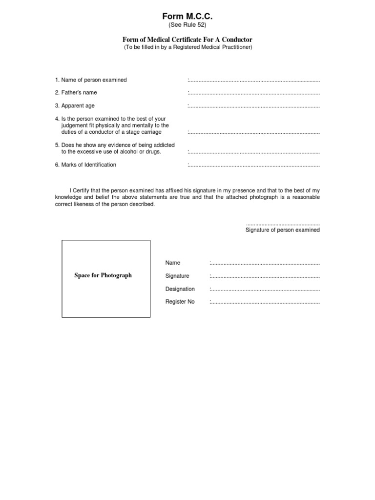 Form M.C.C.: Form of Medical Certificate For A Conductor | PDF