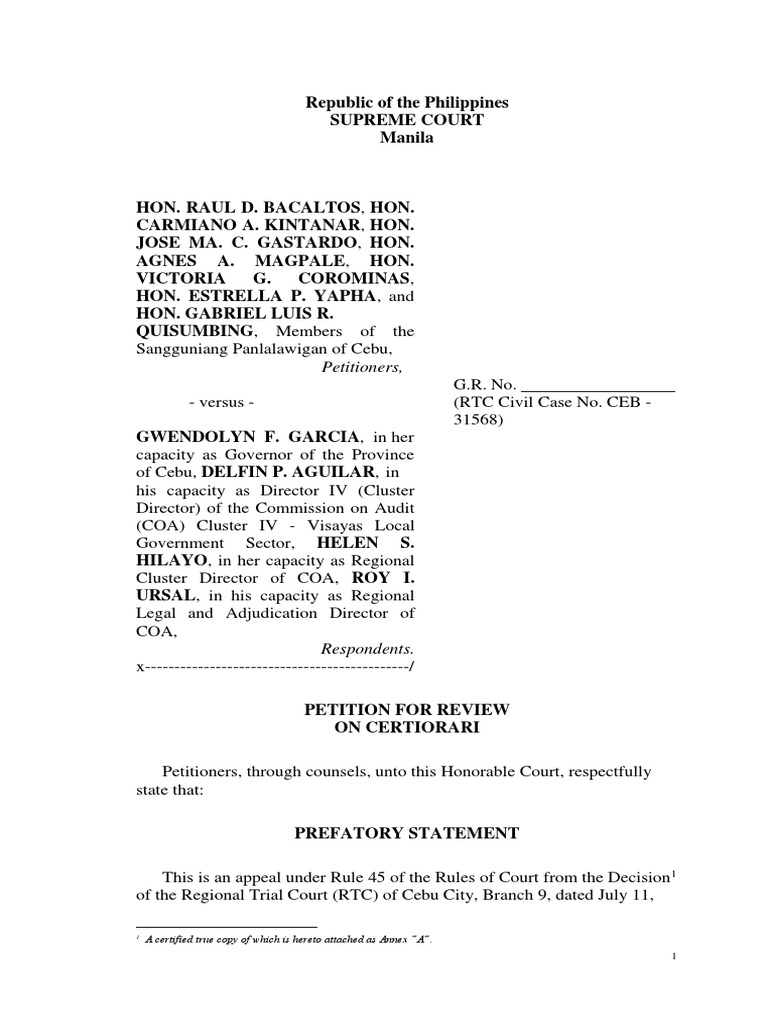 Petition for Review on Certiorari - Rule 45 Sample | Declaratory ...