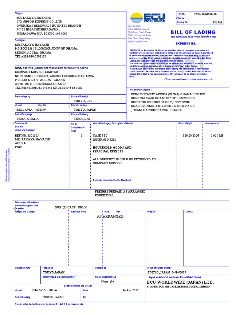 Drafted Bl Hayashi | Cargo | Bill Of Lading