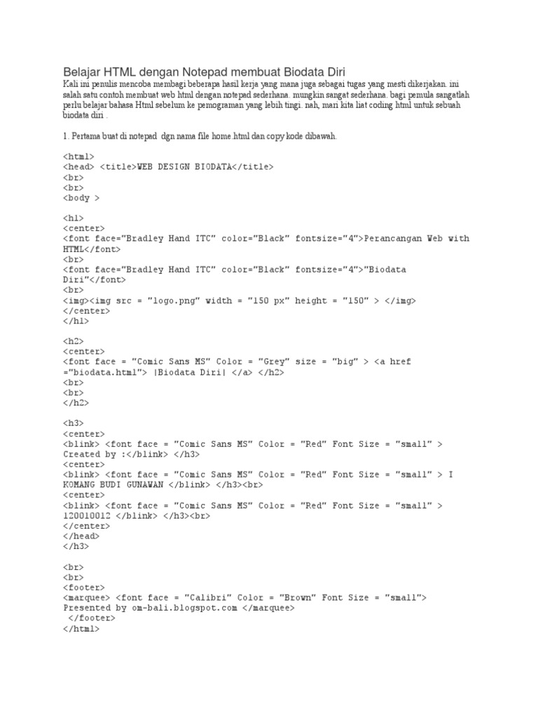 Belajar HTML Dengan Notepad Membuat Biodata Diri | PDF
