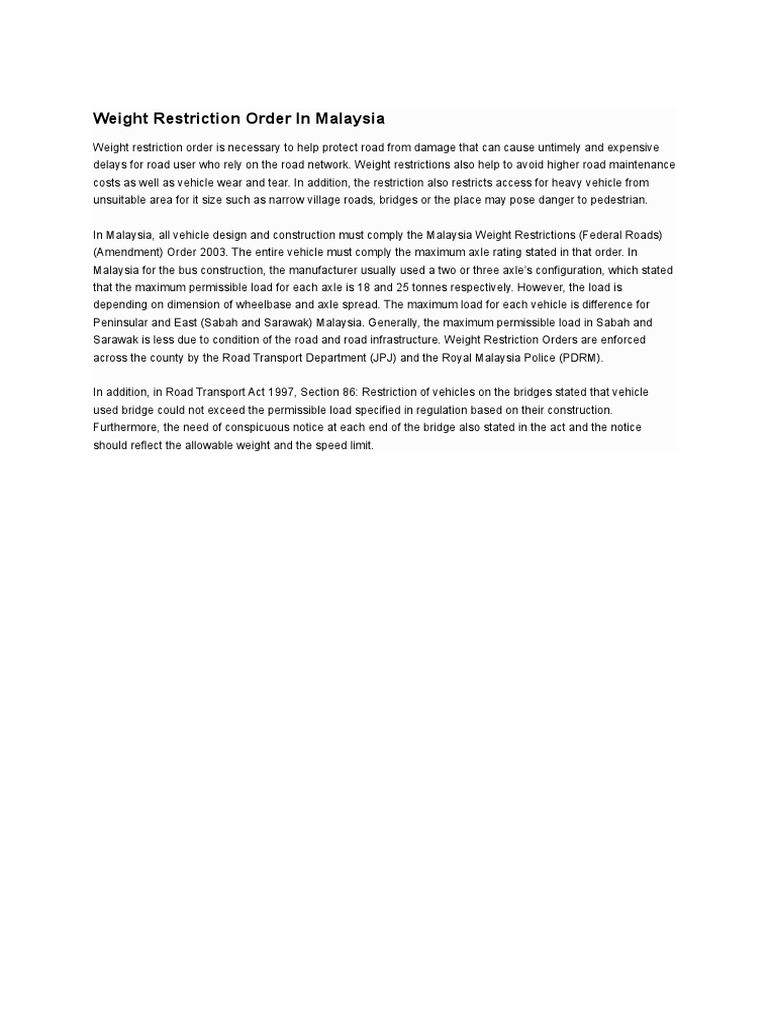 Weight Restriction Order in Malaysia | PDF