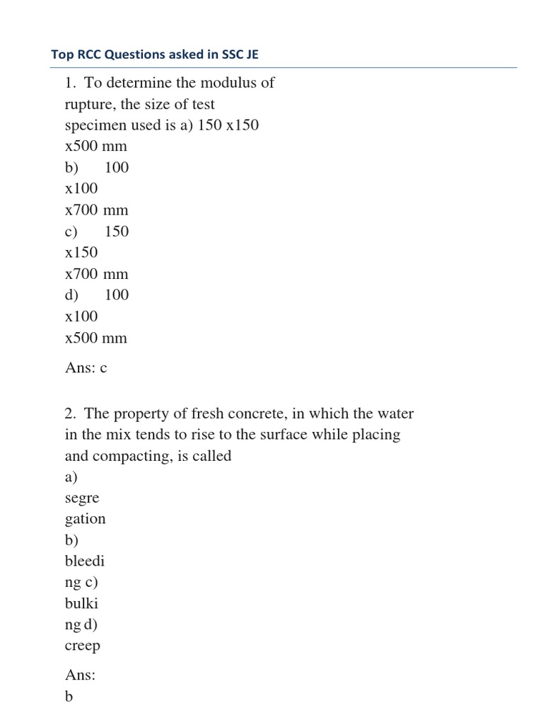 Top RCC Questions Asked in SSC JE | PDF | Beam (Structure) | Concrete
