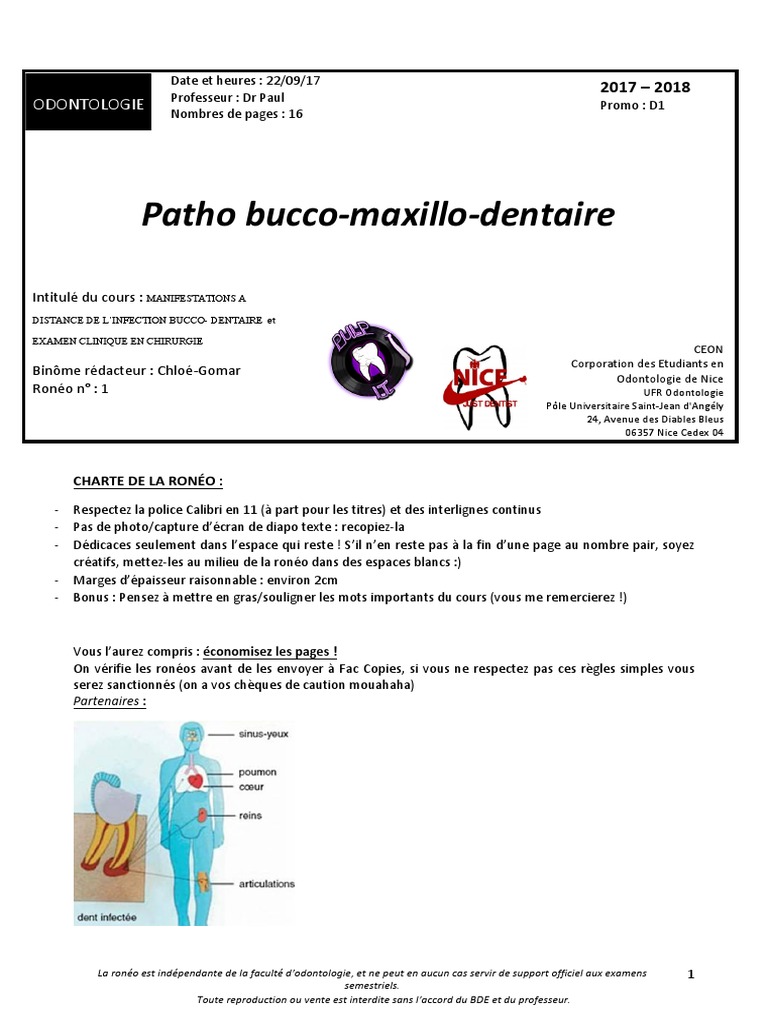 COURS 1 Patho Bucco-maxillo-Dentaire | PDF | Athérome | Infection
