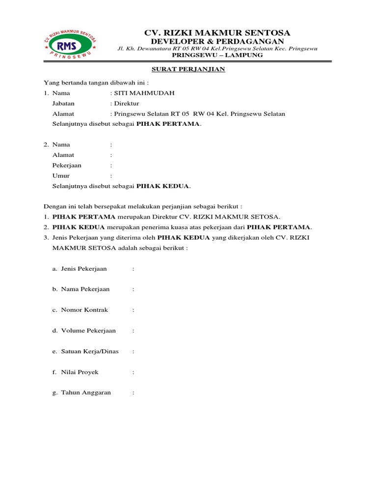 Surat Perjanjian Pinjam Nama Perusahaan | PDF