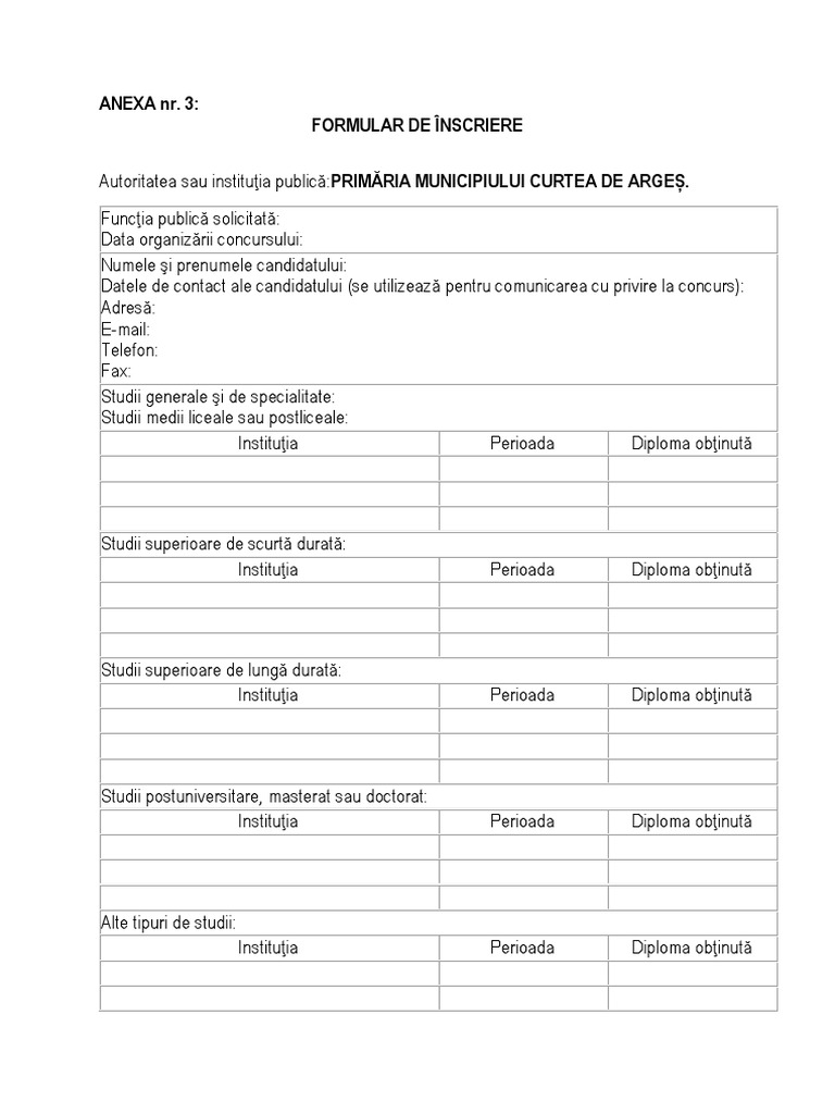 Formular Inscriere Concurs Functii Publice | PDF