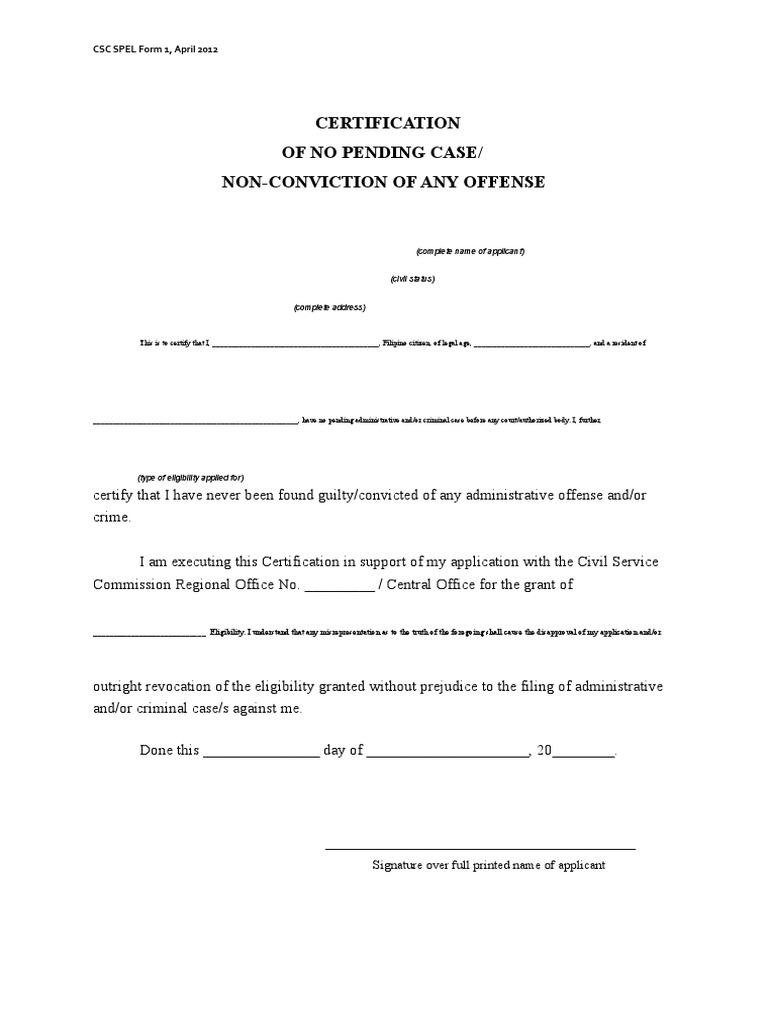 Certification of No Pending Case/ Non-Conviction of Any Offense | PDF ...