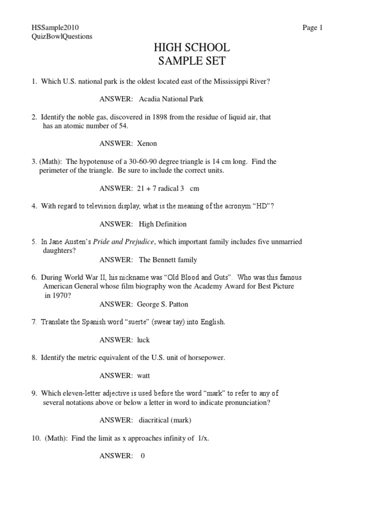 High School Quiz Bowl Sample Questions | PDF | Poetry