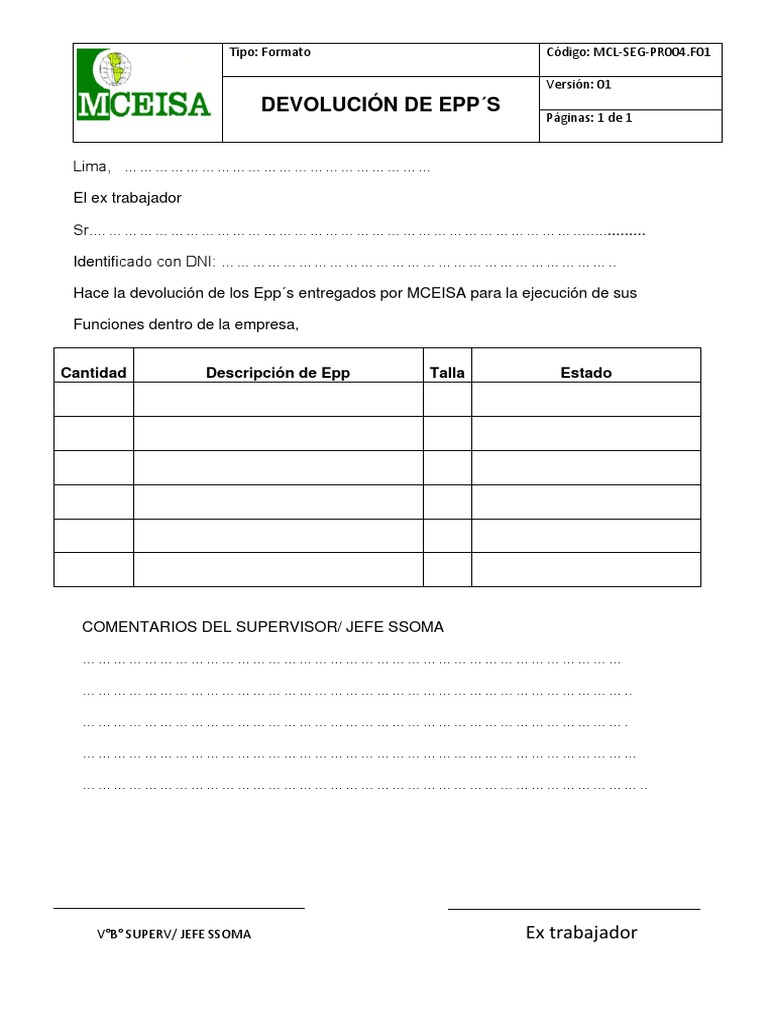 Devolución de Epp | PDF