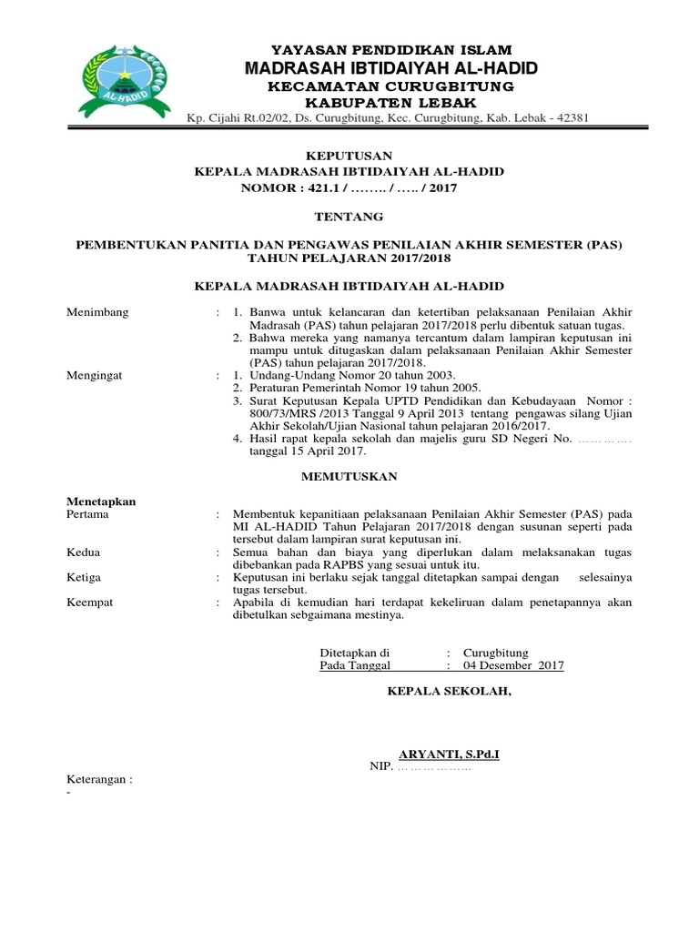 Contoh SK Panitia UAS, UKK, US, UN Untuk SD Tahun 2017 | PDF