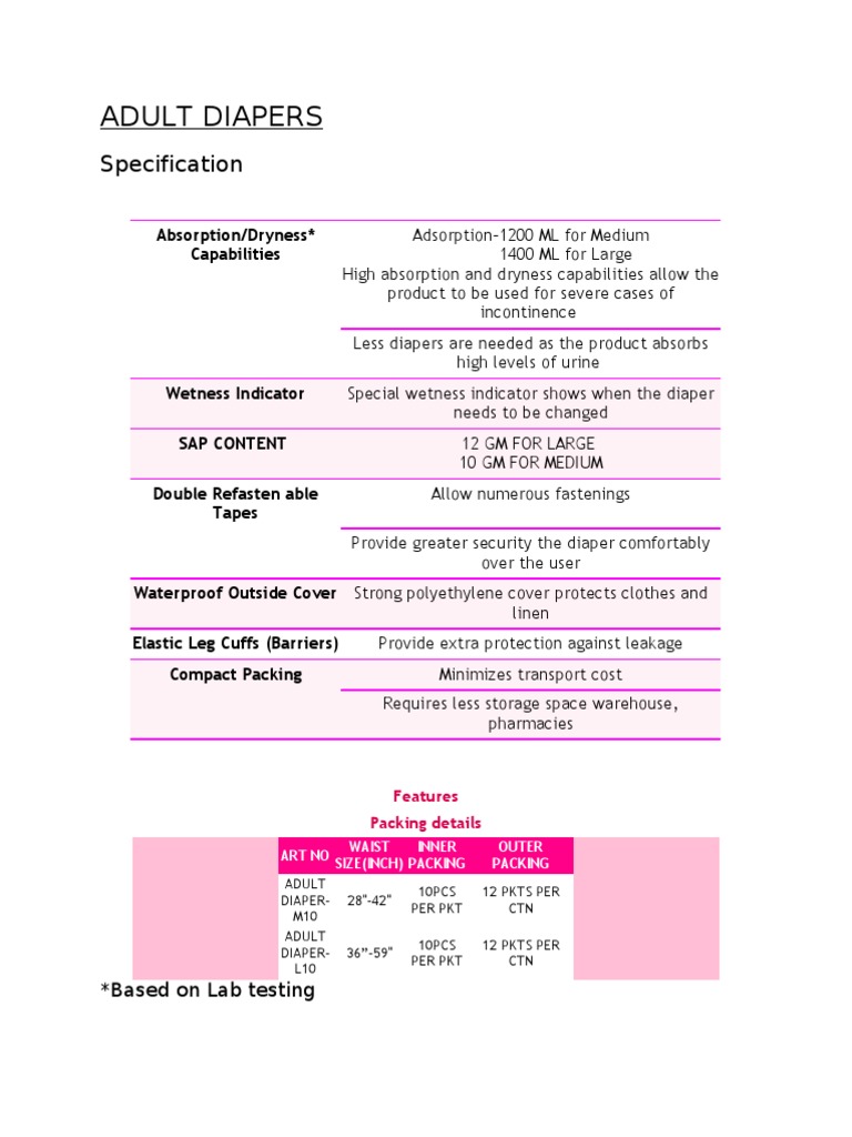 Adult Diaper Specifications and Features | PDF | Diaper | Nature