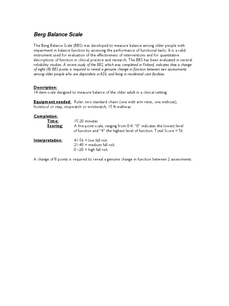 Berg Balance Scale | PDF | Chair | Educational Assessment