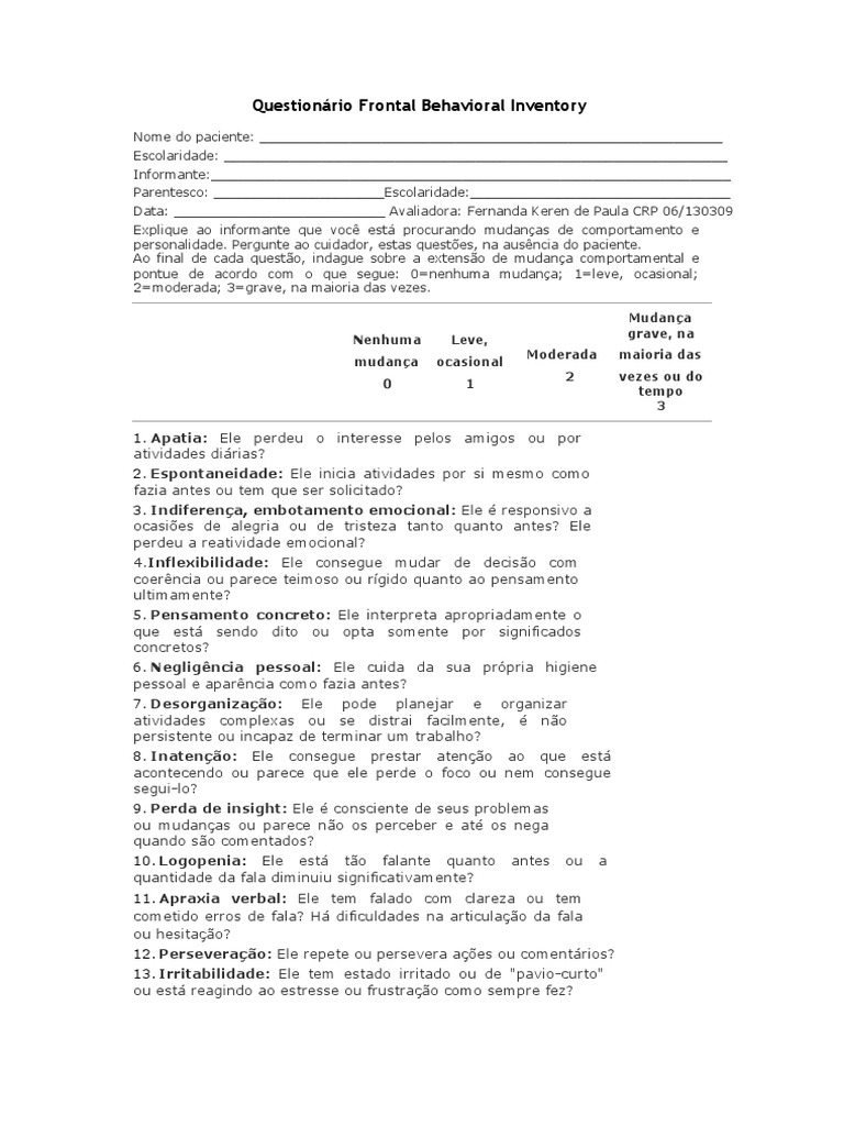 Questionario Frontal Behavioral Inventory | PDF | Vício em sexo | Agressão