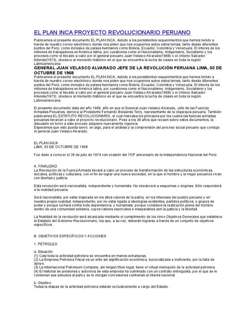 El Plan Inca Proyecto Revolucionario Peruano | PDF | Turismo | Perú