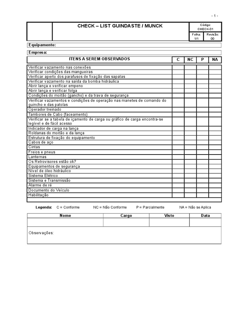 Check List Guindaste Hidráulico | PDF