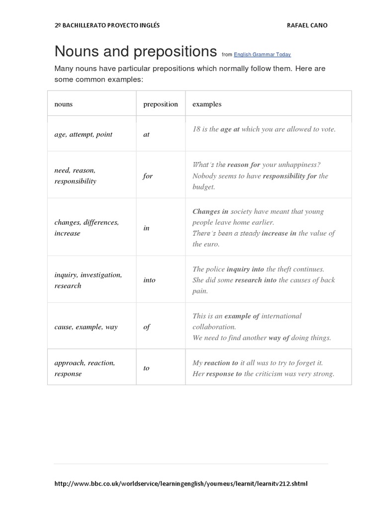 Nouns Prepositions | PDF | Noun | Preposition And Postposition