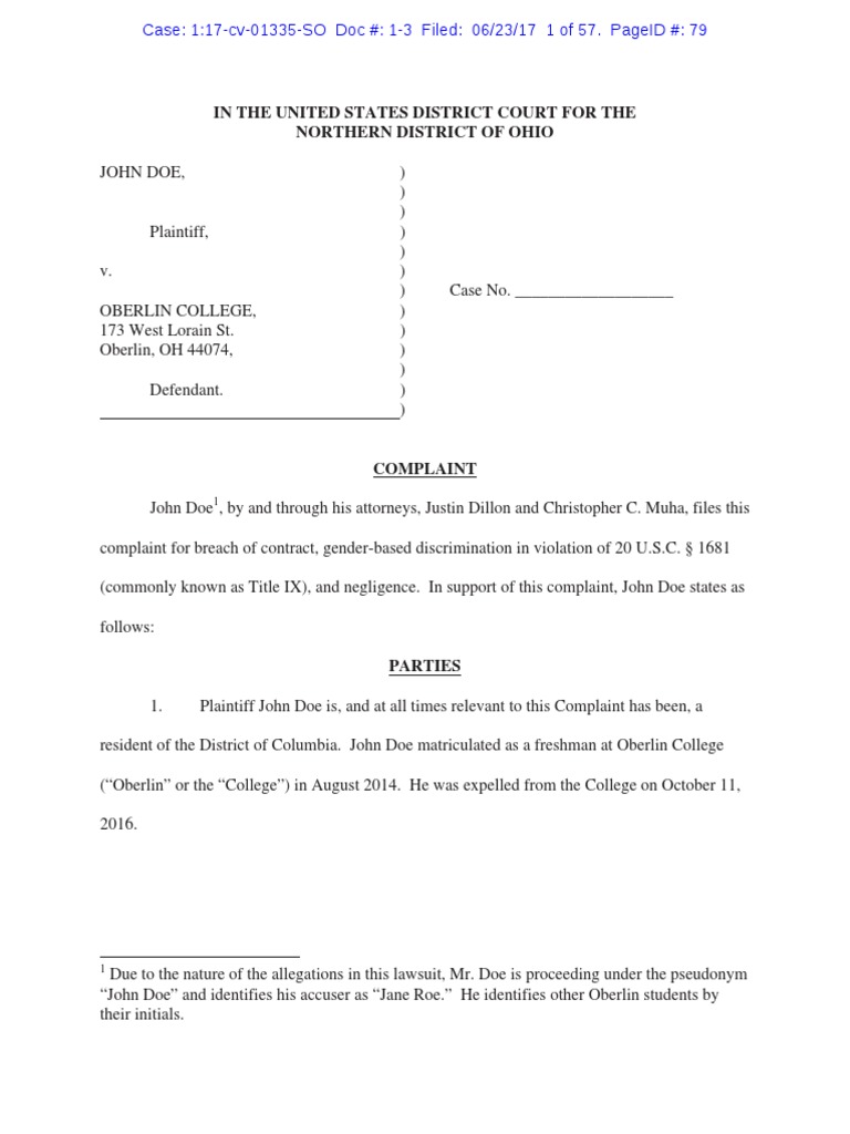 John Doe V Oberlin - Complaint | PDF | Title Ix | Sexual Assault