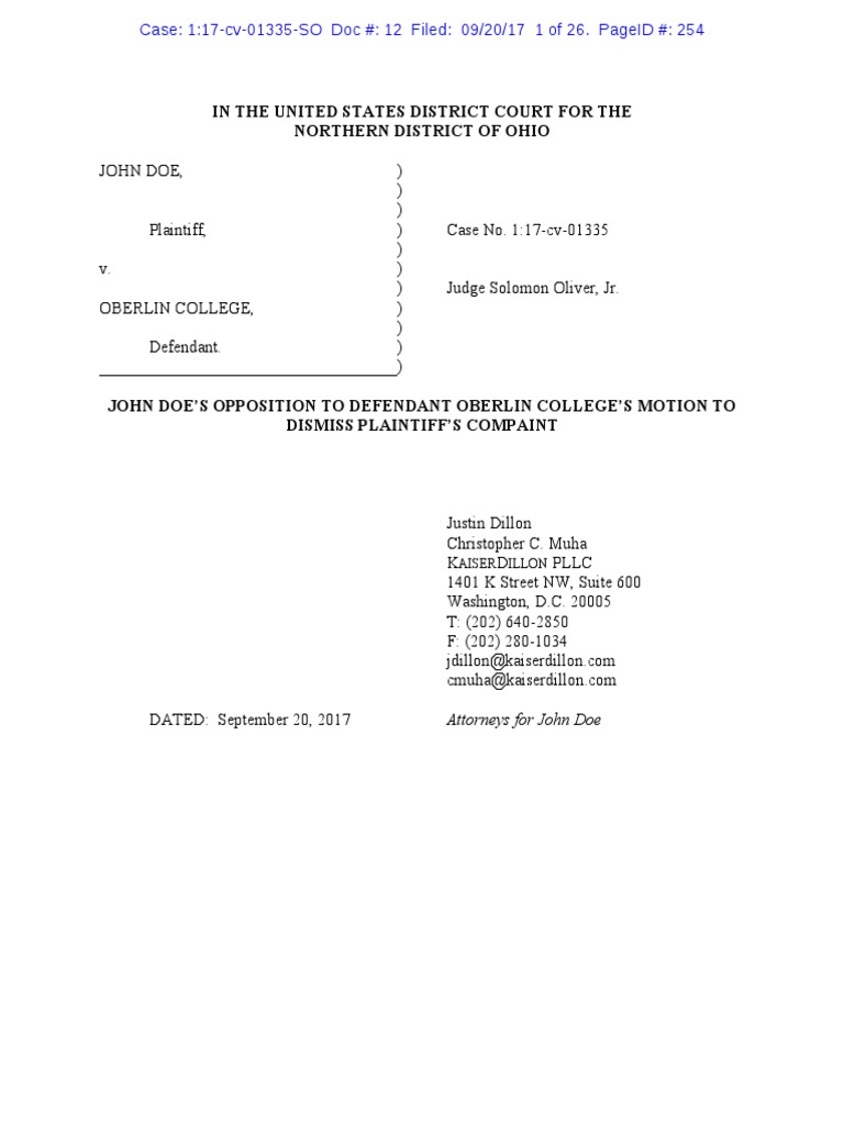 John Doe V Oberlin - Opposition To Motion To Dismiss Complaint | PDF ...