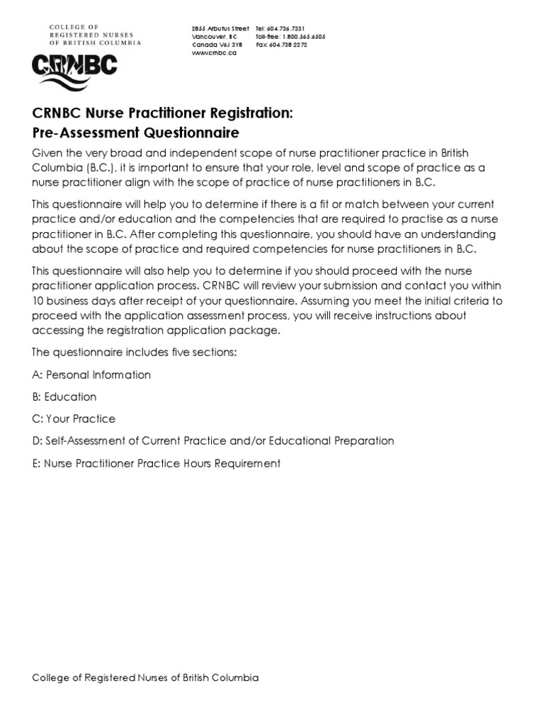 NP Pre-Assessment Questionnaire | PDF | Nurse Practitioner | Medical ...