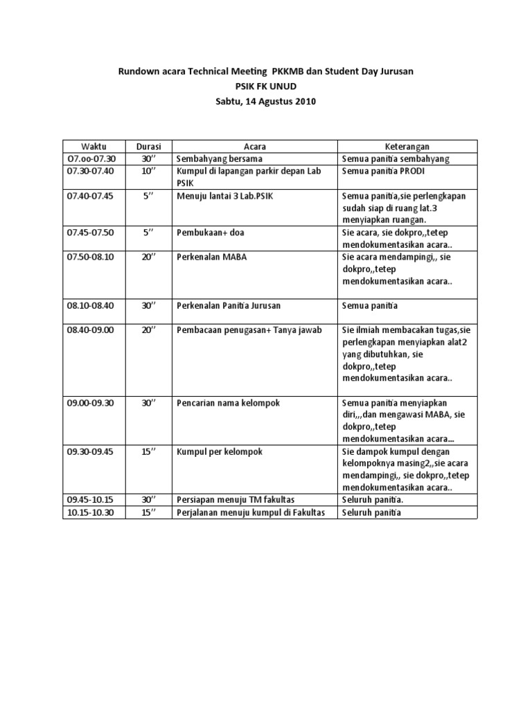 Rundown Acara Technical Meeting PKKMB Dan Student Day Jurusan | PDF