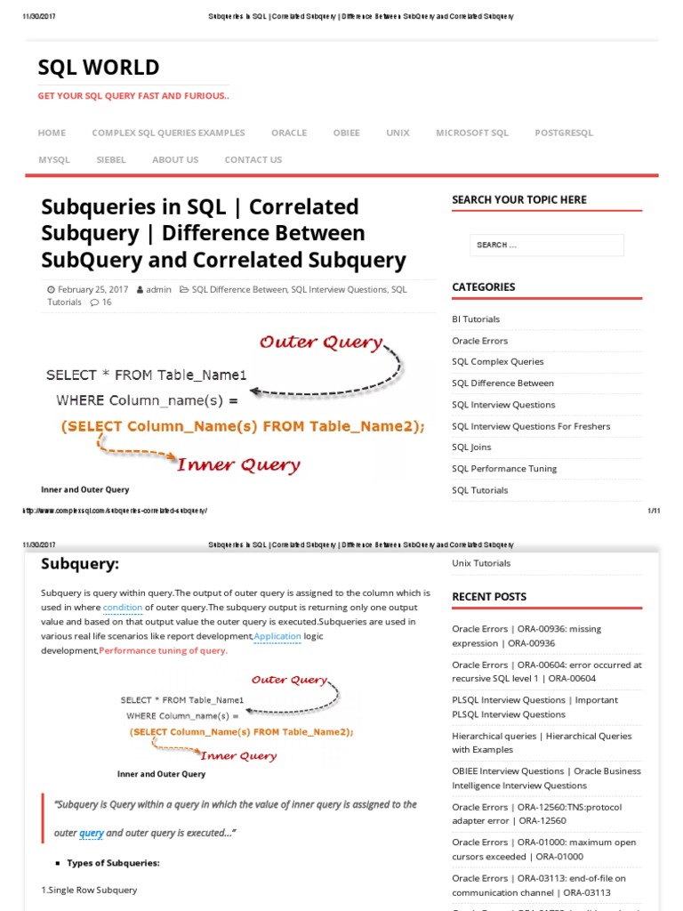 Subqueries in SQL - Correlated Subquery - Difference Between SubQuery and Correlated Subquery ...