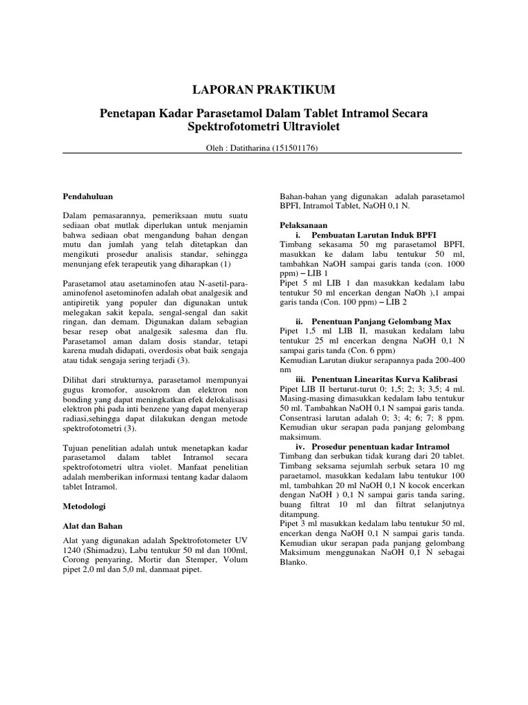 Kadar Parasetamol dalam Tablet Intramol | PDF