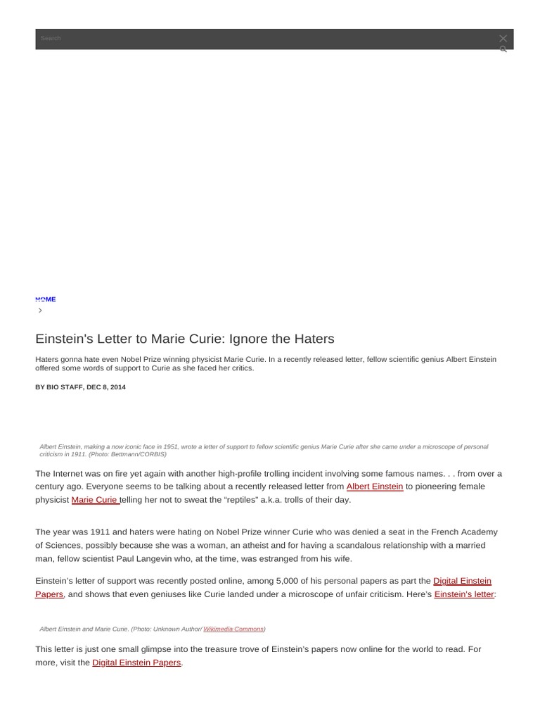 Einstein's Letter To Marie Curie: Ignore The Haters | PDF | Marie Curie ...