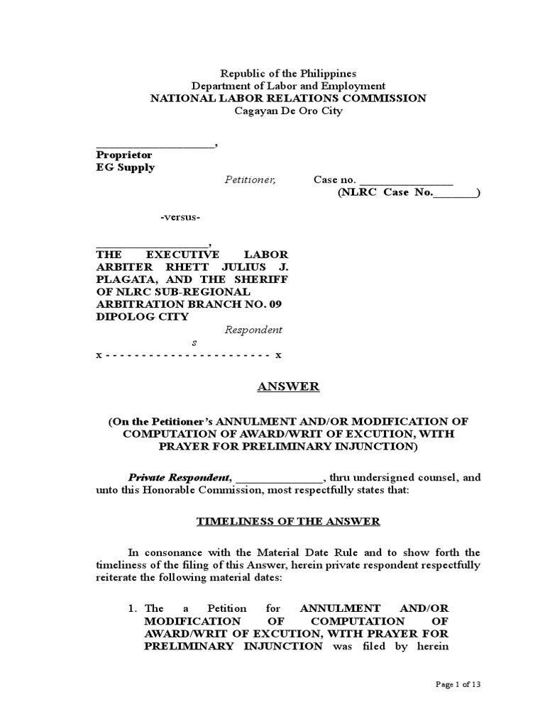 Answer NLRC | PDF | Overtime | Statute Of Limitations