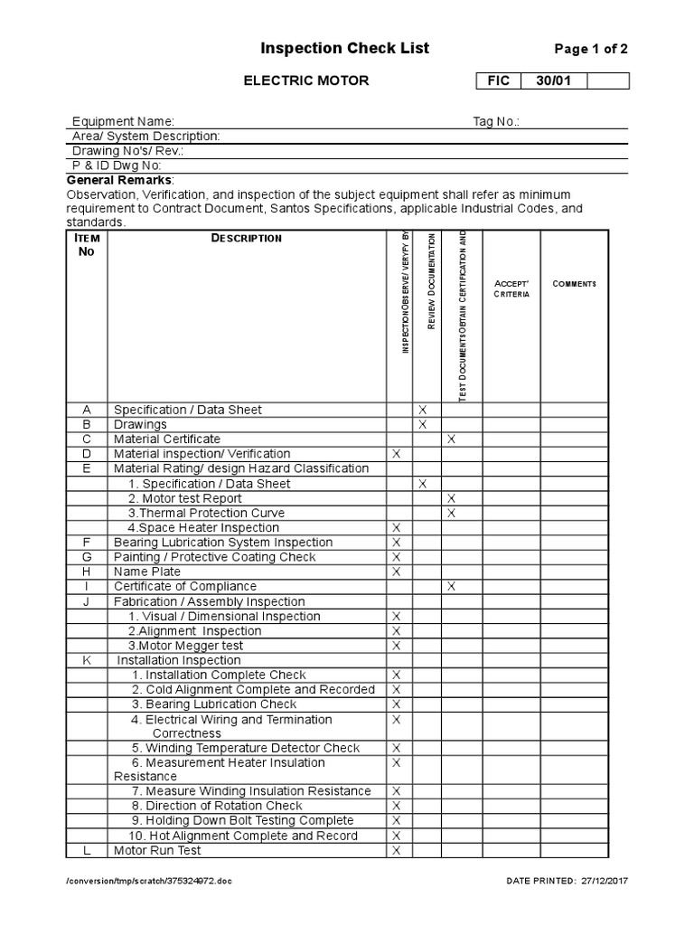 Electric Motor Inspection Checklist | PDF | Specification (Technical ...