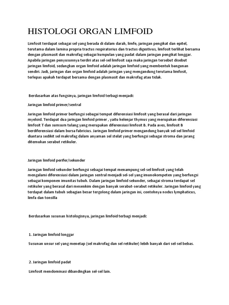 Histologi Organ Limfoid dan Fungsinya | PDF | Kajian Bahasa Asing ...