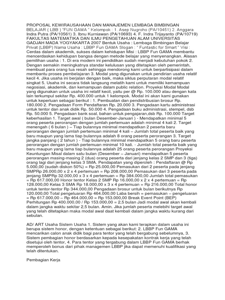 Proposal Usaha Lembaga Bimbingan Fun GAMA | PDF
