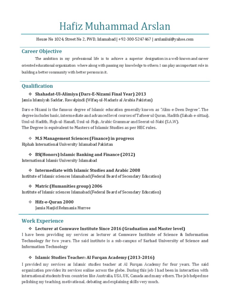 Hafiz Muhammad Arslan Lecturer CV (Updated) | PDF | Islamabad | World ...