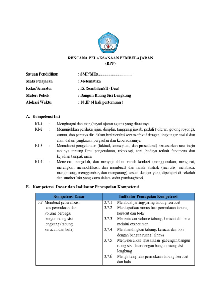 RPP Bangun Ruang Sisi Lengkung | PDF