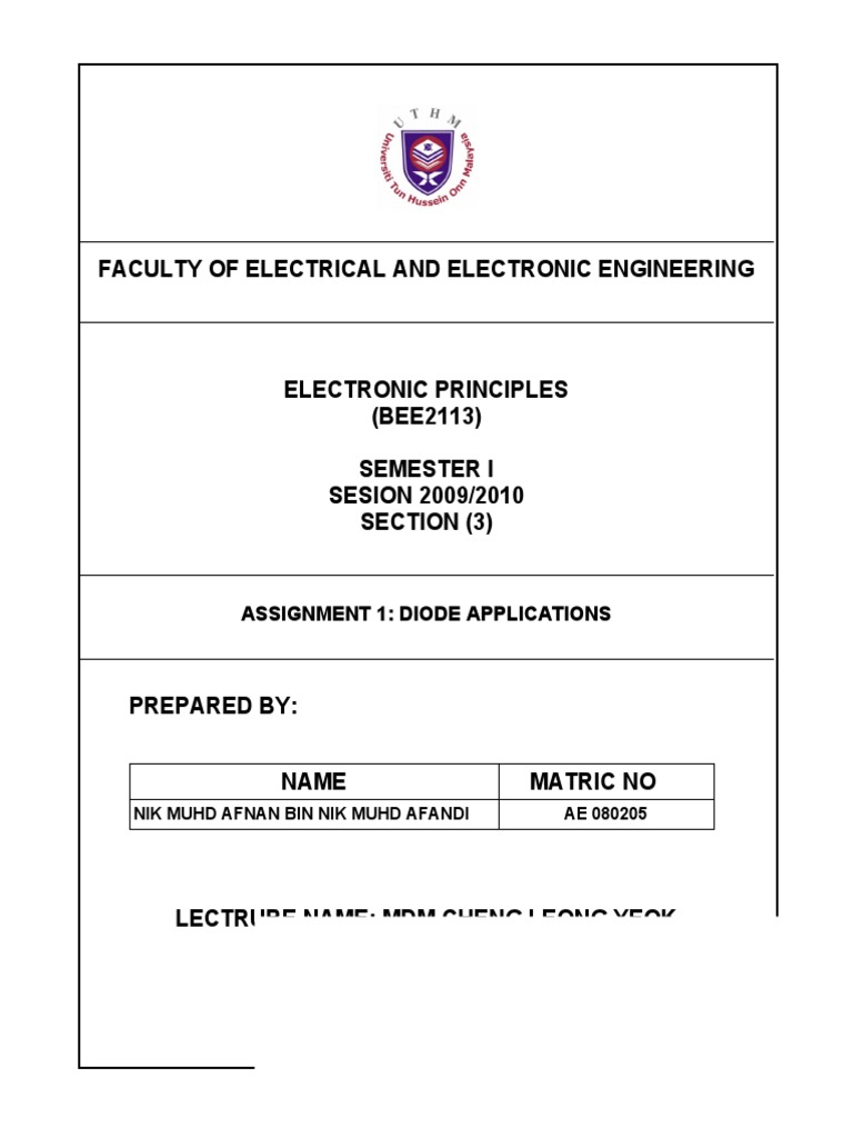 Faculty of Electrical and Electronic Engineering: Assignment 1: Diode Applications | PDF ...